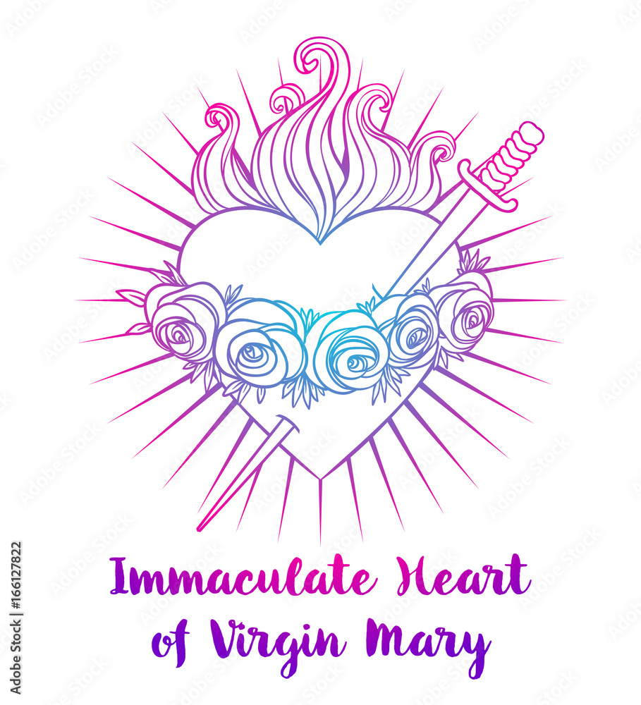 Immaculate Heart of Blessed Virgin Mary, Queen of Heaven. Vector bright ...