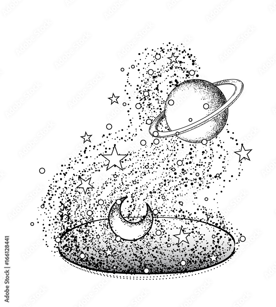 Vintage Astronomy: stars, moons. Hand-drawn ink art. Aged medieval ...