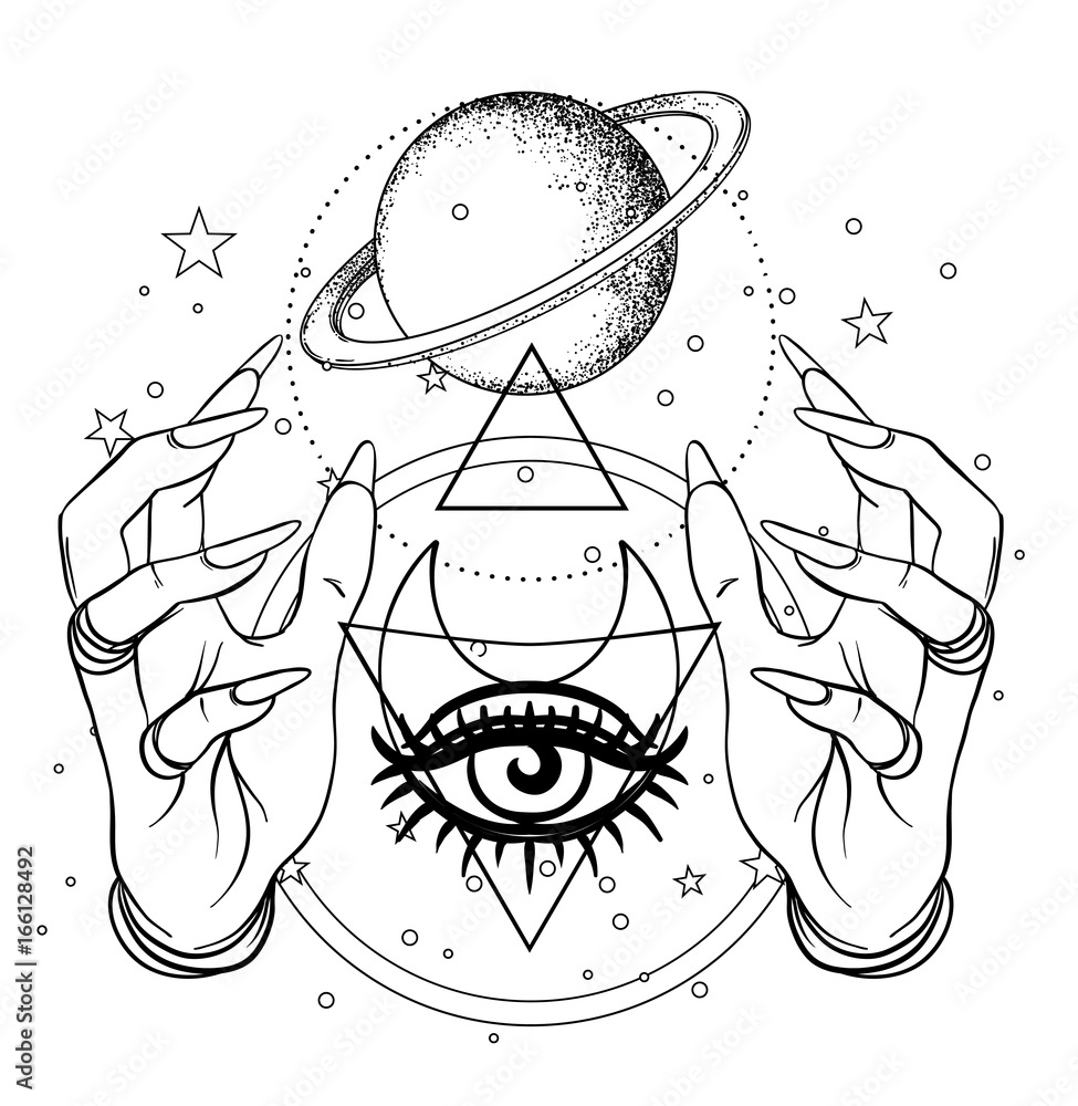 Human hand with space and sacred geometry symbols. Dotwork tattoo flash ...