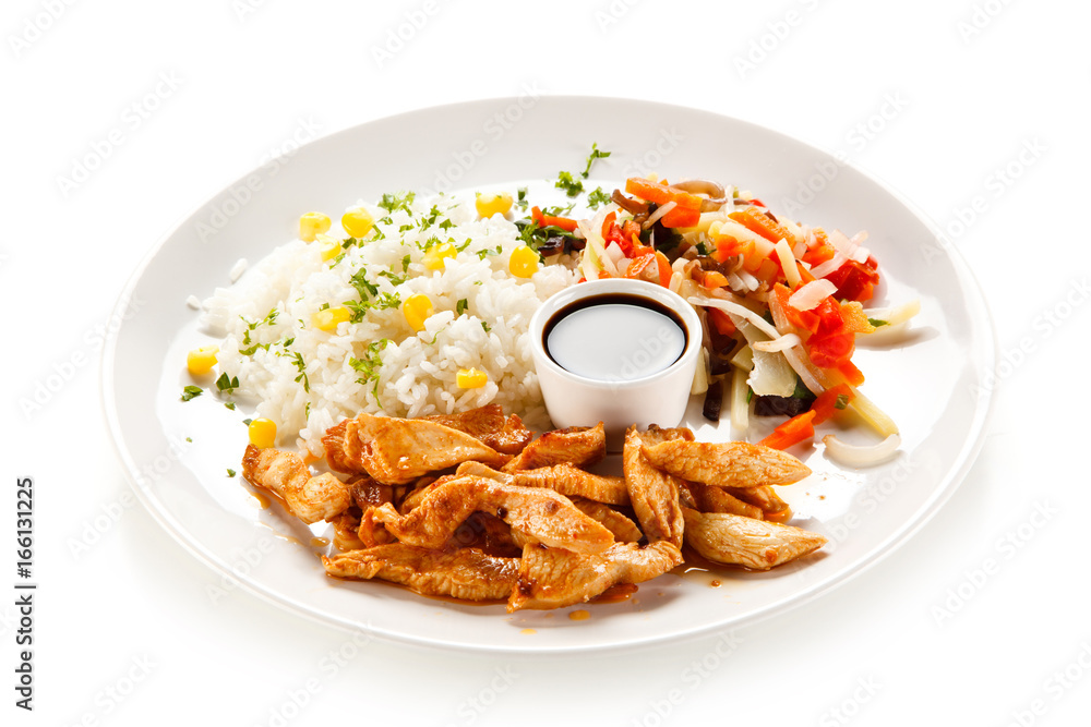 Chicken nuggets, white rice and vegetables Stock Photo | Adobe Stock