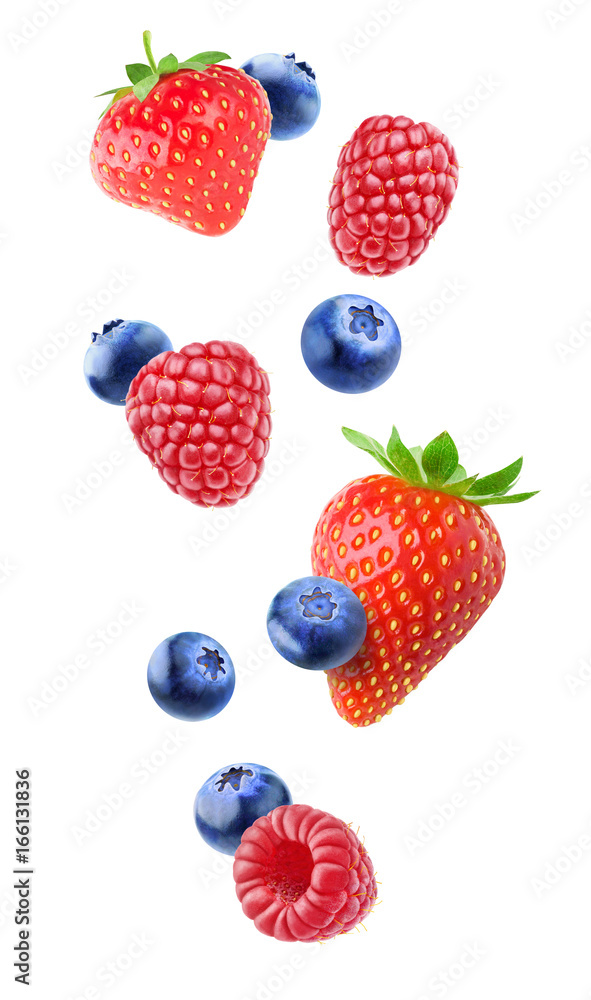 Isolated berries in the air. Falling strawberry, raspberry and ...