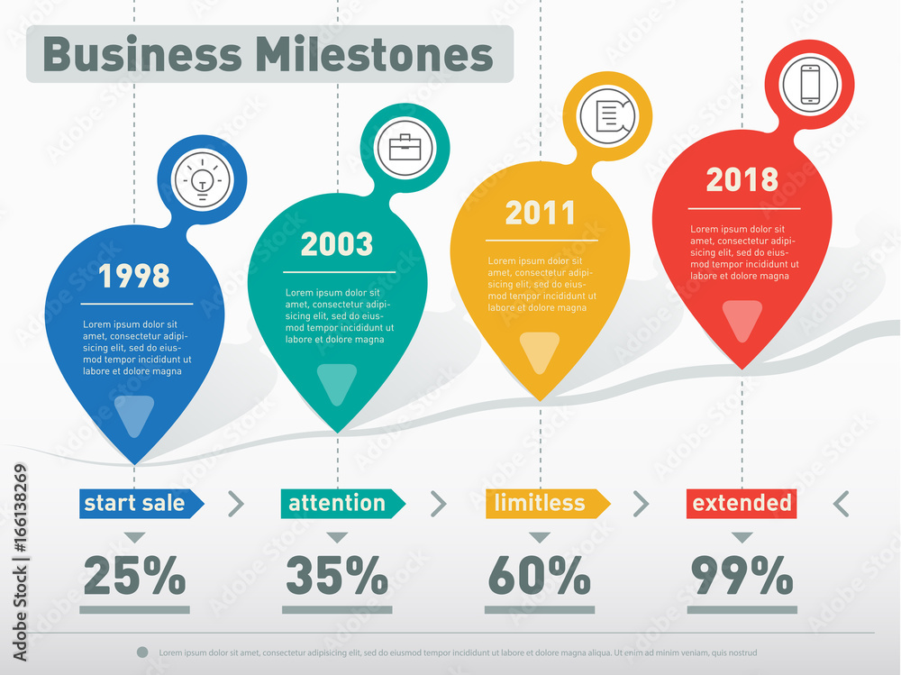 Business presentation or infographic of conpany milestones with 4 ...