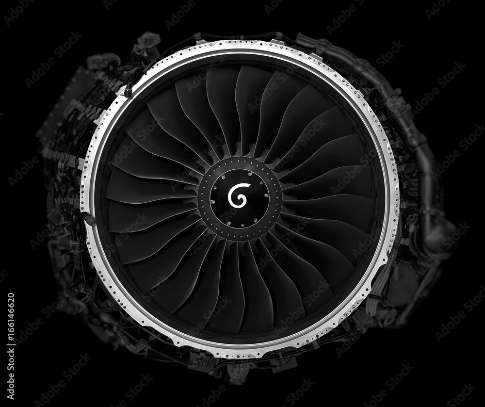 Jet engine front view isolated on black background. Close up of ...