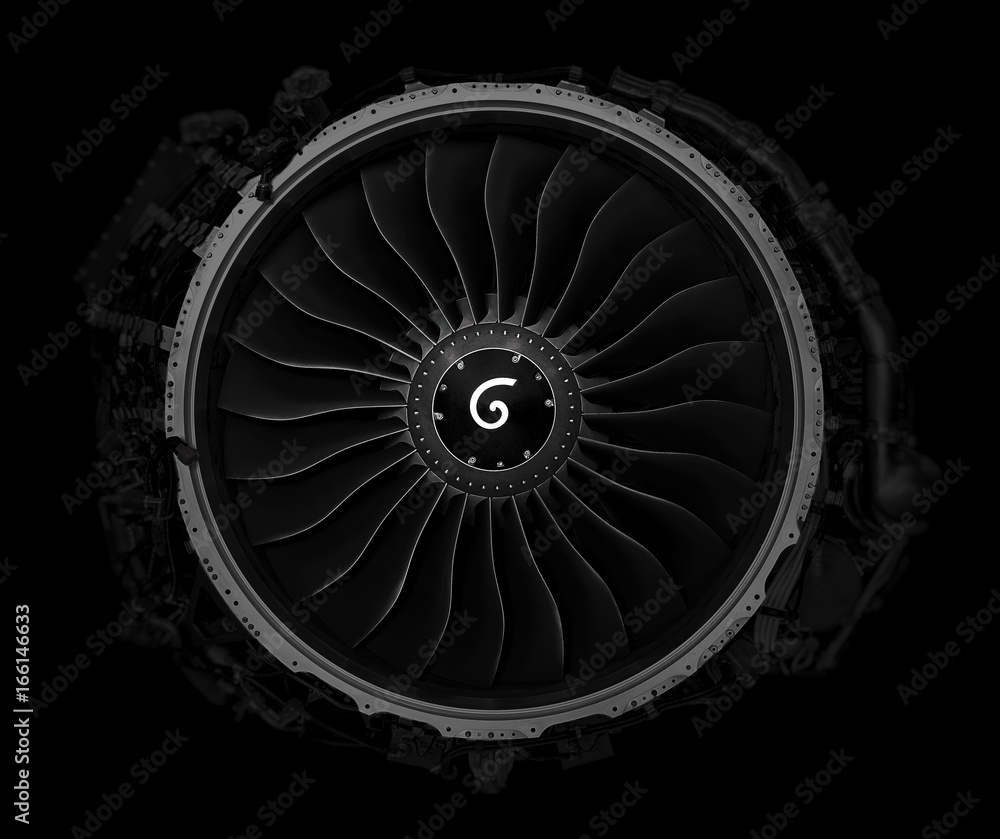 Jet engine front view isolated on black background. Close up of ...