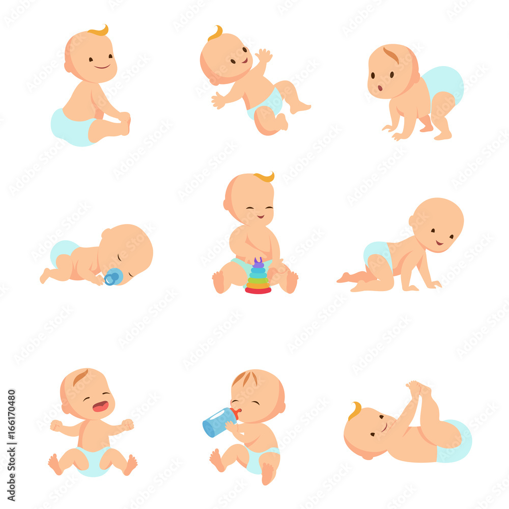 Infant baby vector characters. Newborn in different activity isolated ...