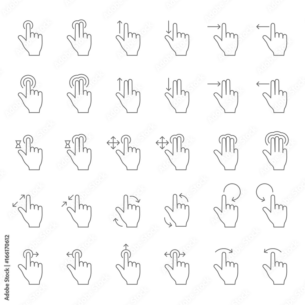 Touch hand gesture vector line icons. Touching finger gestures ...