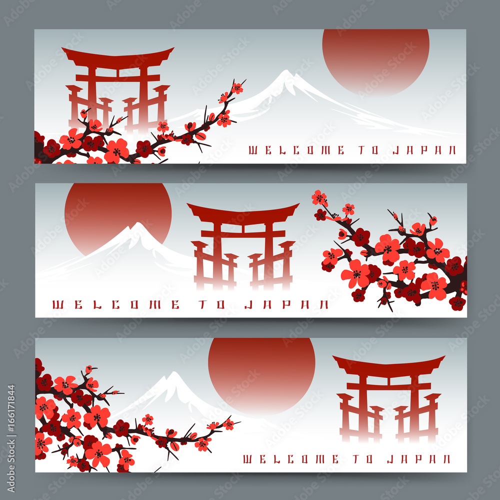 Horizontal banners with blossoming sakura, fuji mountain and japan ...
