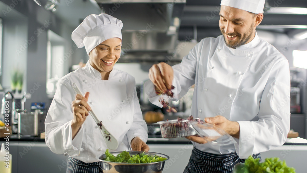 Male and Female Famous Chefs Team Prepare Salad for Their Five Star ...