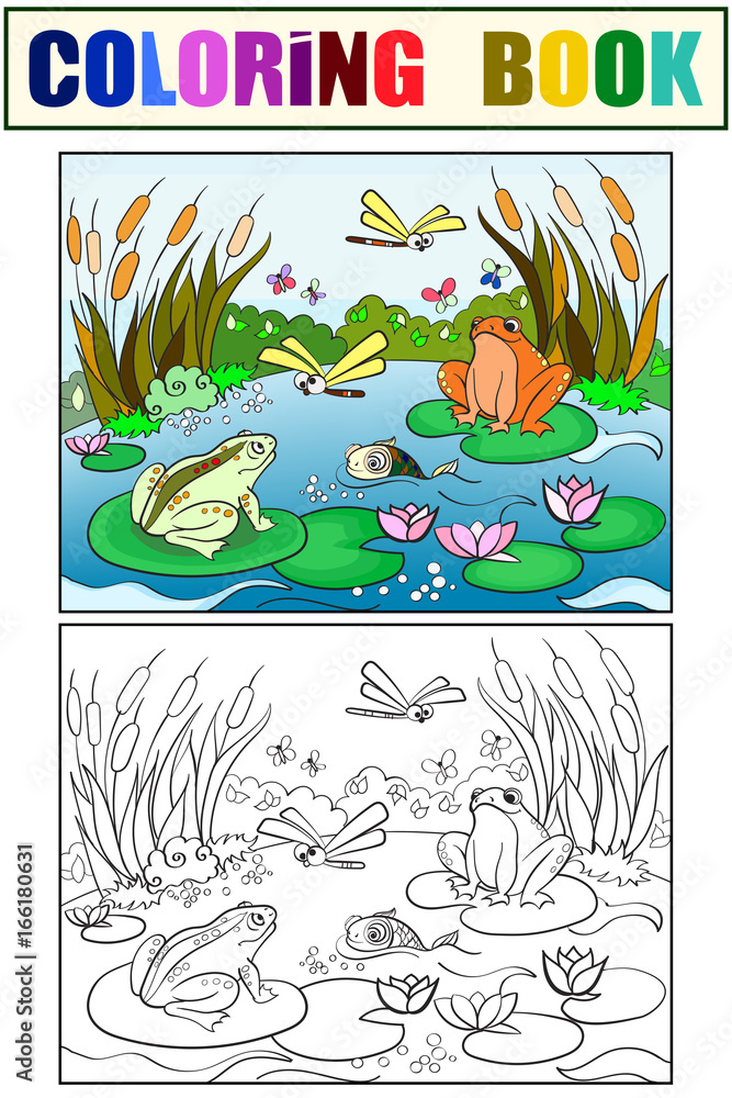 wetland landscape with animals coloring vector for adults Stock Vector ...