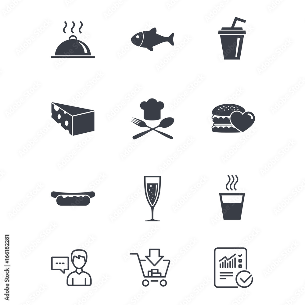 Food, drink icons. Alcohol, fish and burger signs. Hot dog, cheese and ...