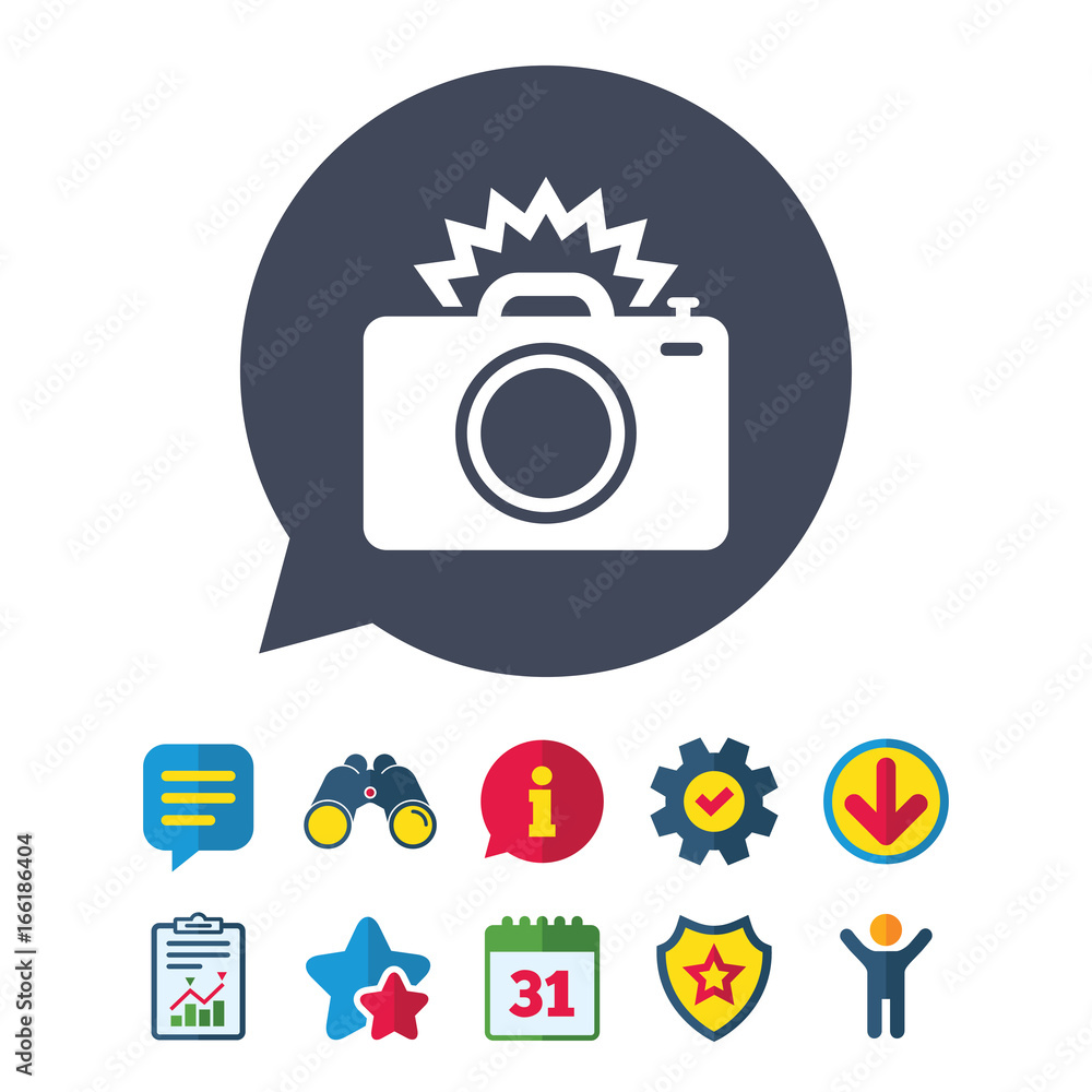Photo camera sign icon. Photo flash symbol. Information, Report and ...