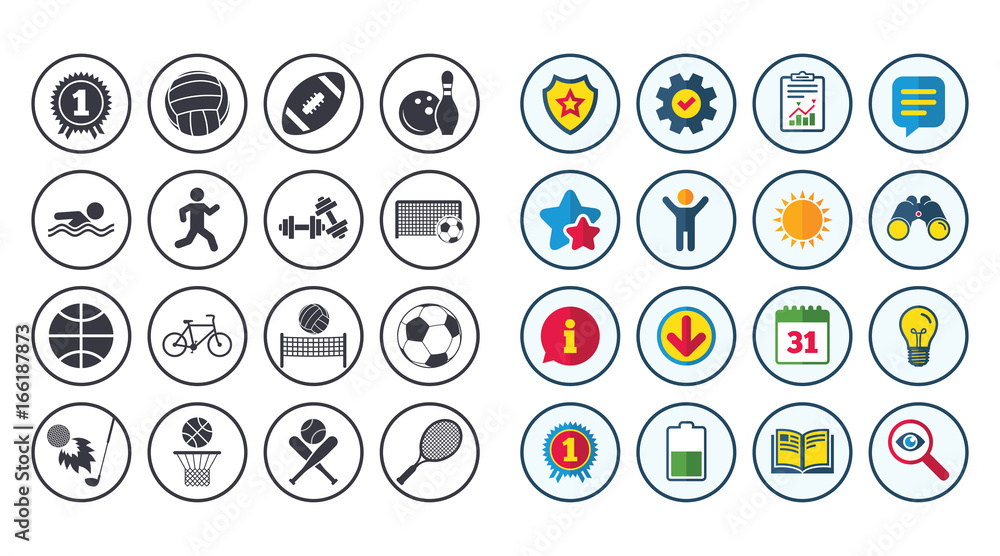 Set of Sport and Fitness icons. Football, tennis and volleyball signs ...