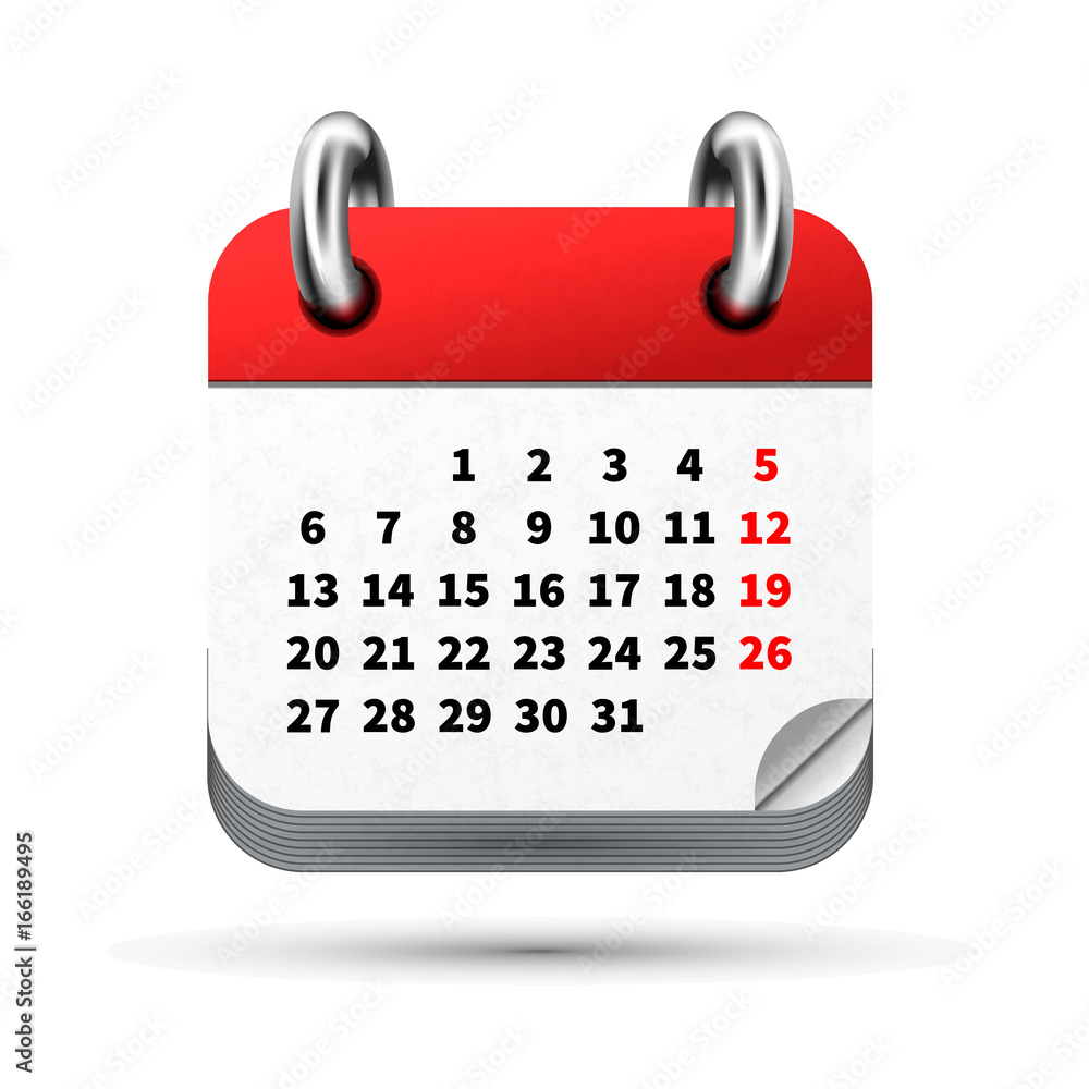 Bright realistic icon of month calendar with dates on white Stock ...