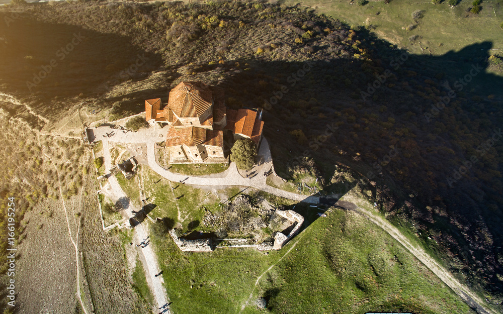 Ancient jvari monastery with red rooftops, Mtskheta, Georgia, aerial ...