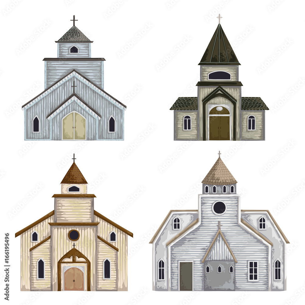 Church buildings set. Isolated elements on white background. Vintage ...
