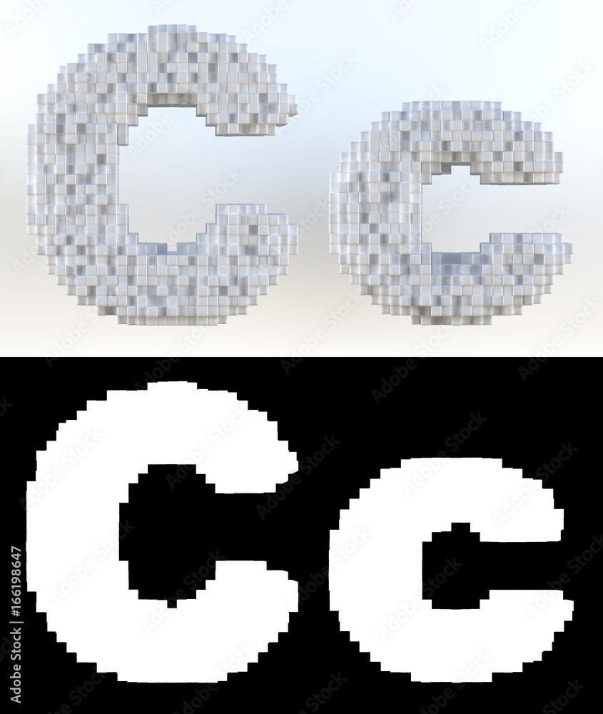 3D Rendering, White volumetric pixel alphabet with alpha mask. An array ...