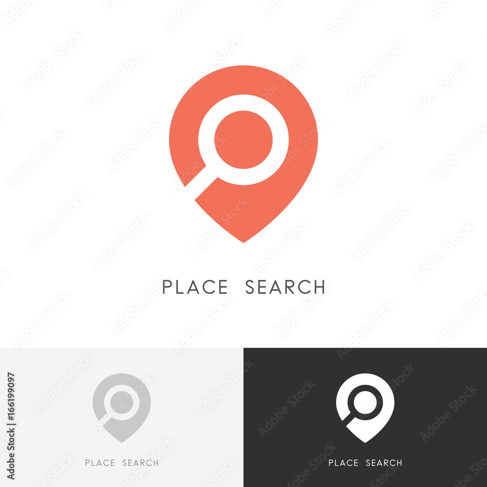 Place search logo - address pointer and loupe or magnifier symbol ...