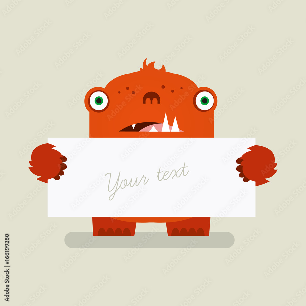 Cute, illustrated red monster with poster for your text Stock Vector ...
