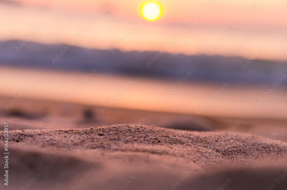 Blur tropical sunset beach with bokeh sun light sand abstract ...