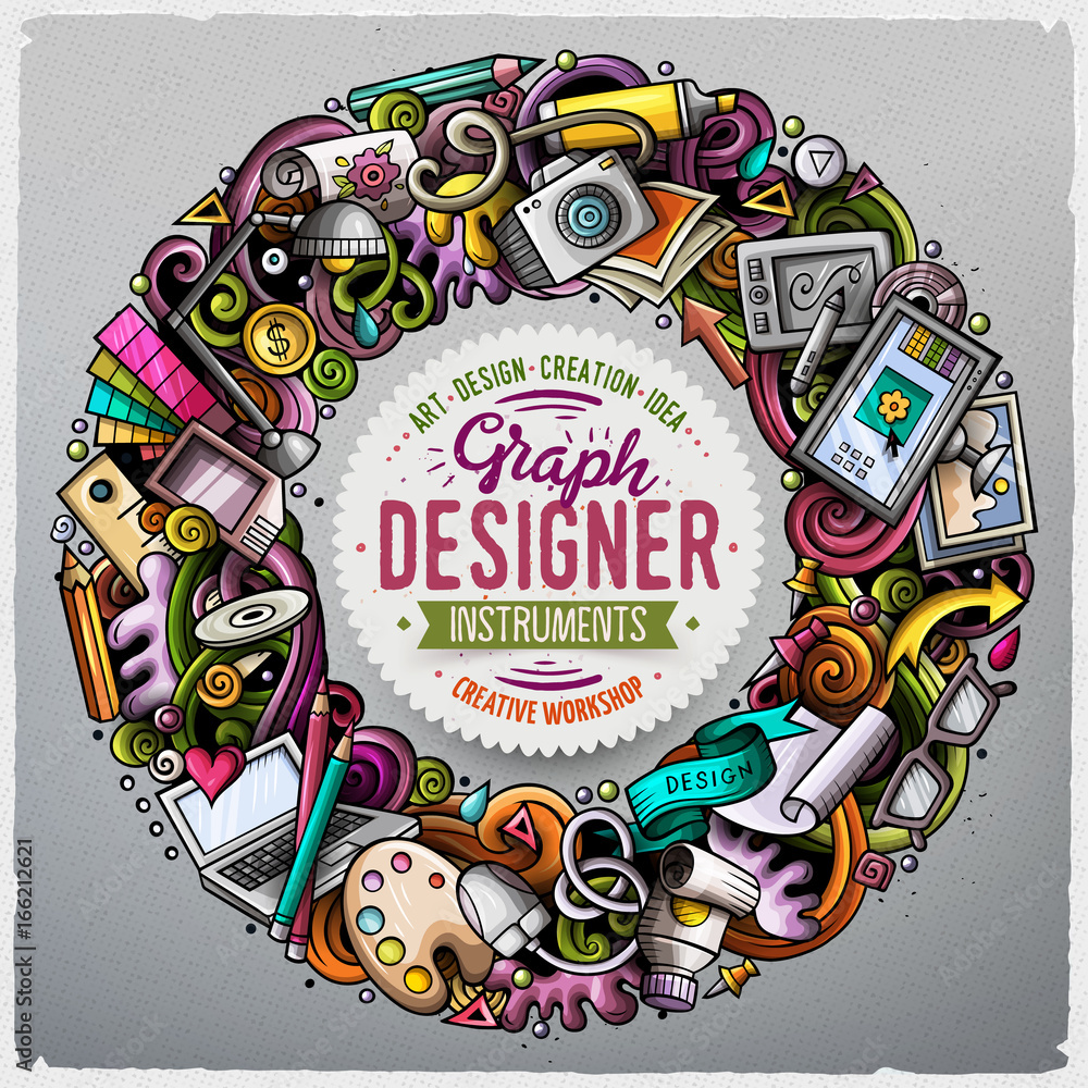 Cartoon cute doodles hand drawn Design round frame design. All items ...