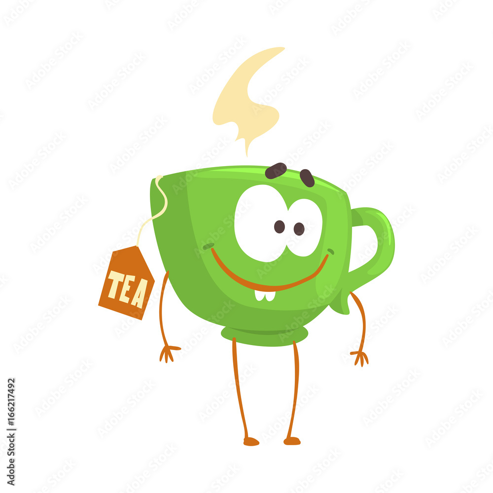 Cute cartoon green cup of tea with smiley face, funny fast food ...