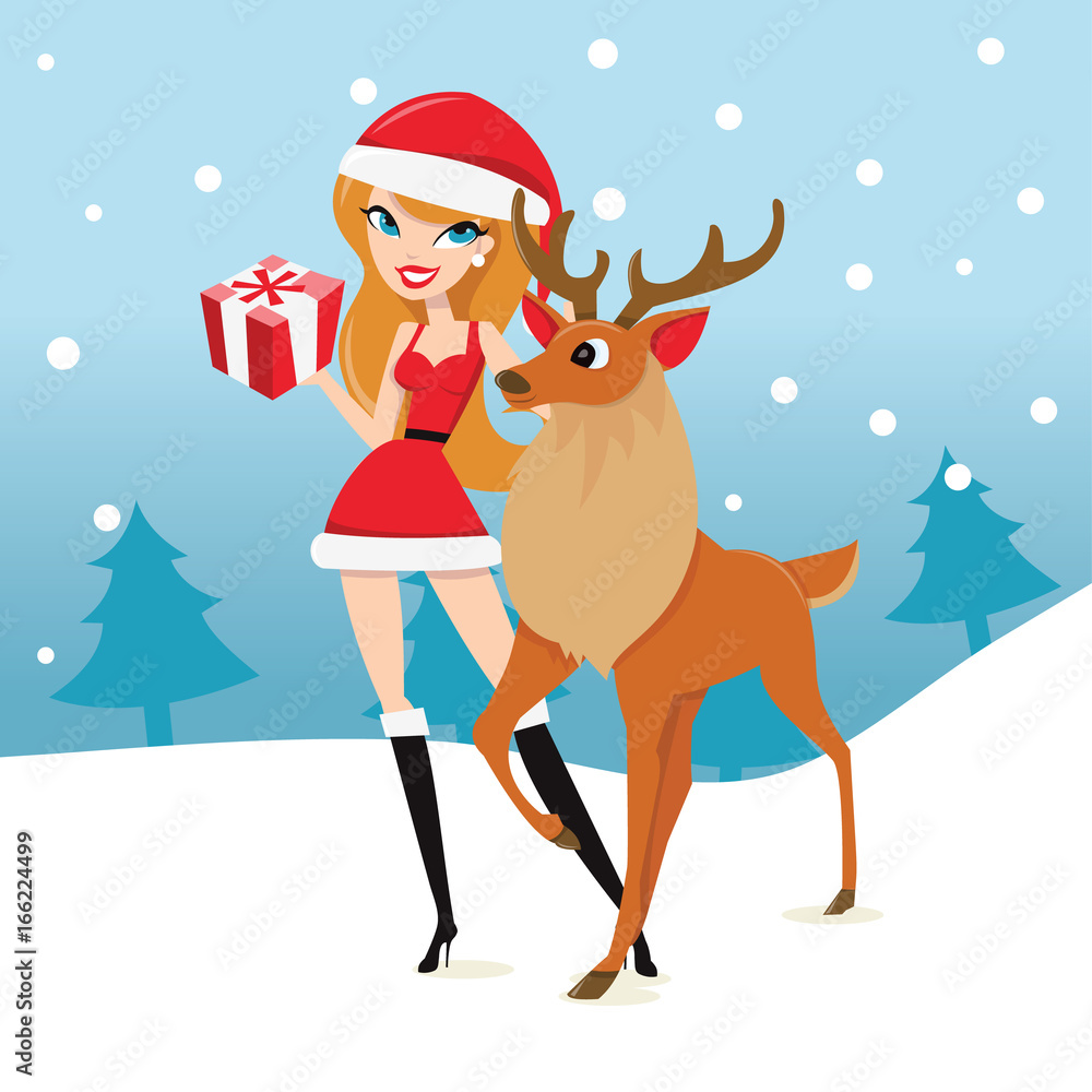 Cartoon Sexy Santa Girl And Reindeer Stock Vector | Adobe Stock