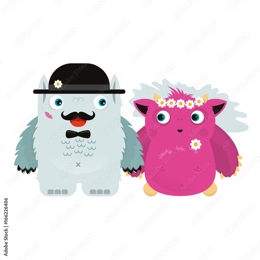 Cute illustrated monster. Wedding couple. Newly-married. Merry Wedding ...