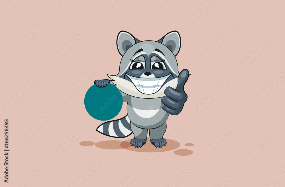 Vector Illustration isolated Emoji character cartoon raccoon cub holds ...