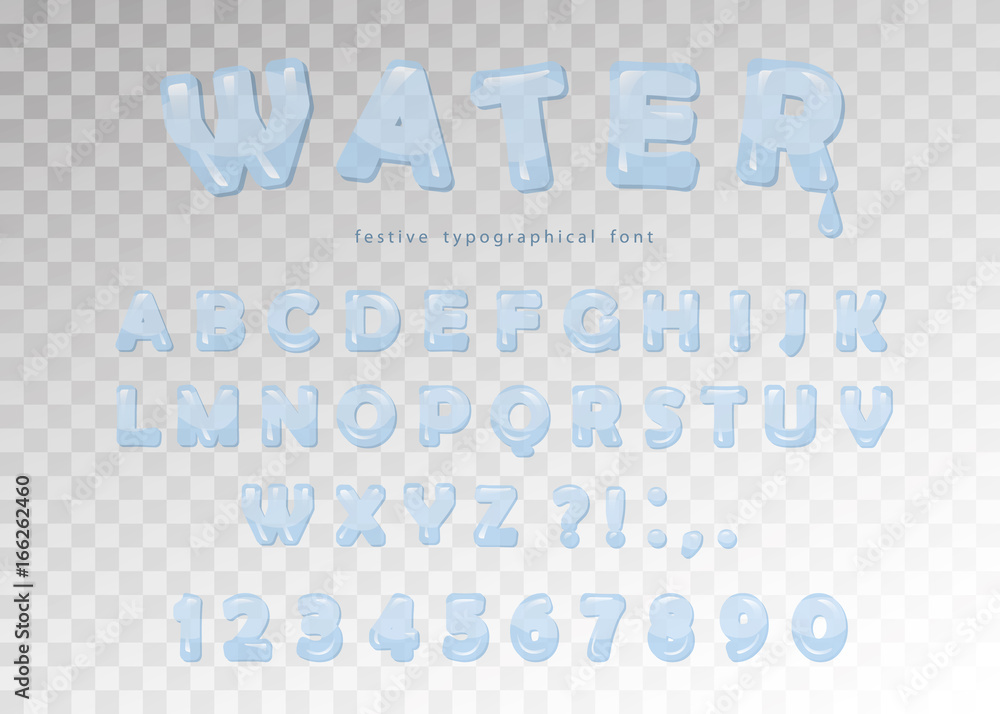 Water font design. Transparent glossy ABC letters and numbers. Vector ...