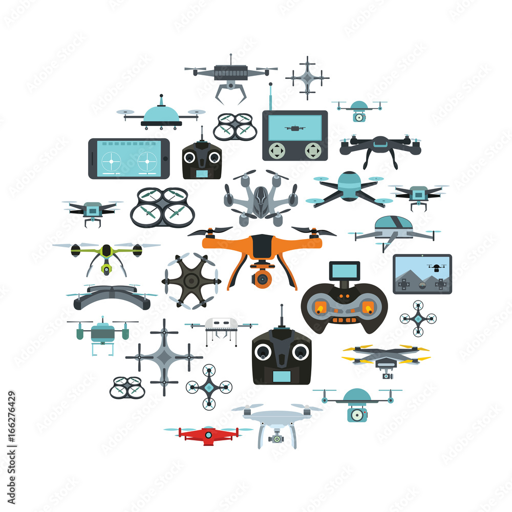 Drones flat icons set. Drones vector illustration for design and web isolated on white ...