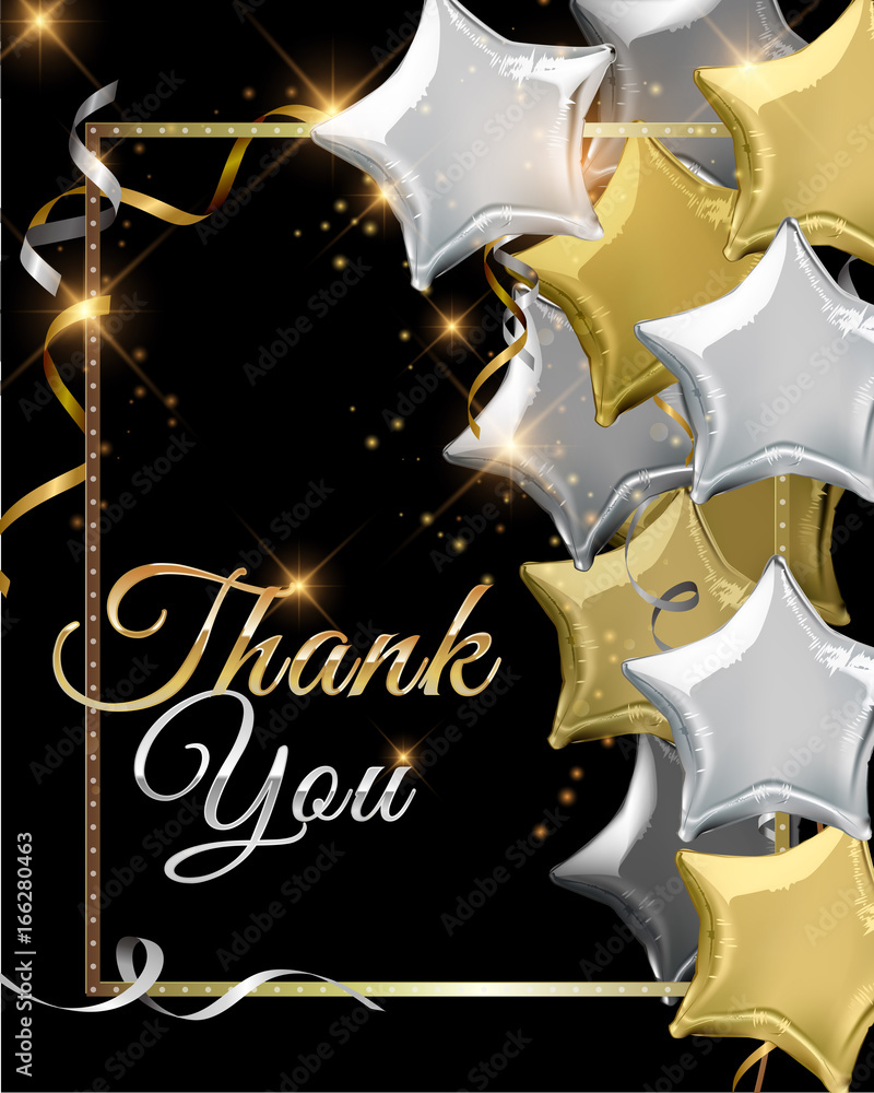 Thank You background with silver and gold star shaped balloons. Vector ...