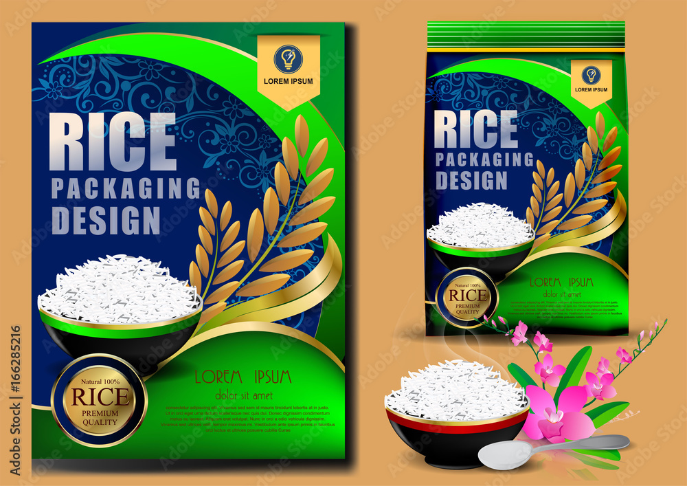 Rice Package Thailand food Logo Products and Fabric Background Thai ...