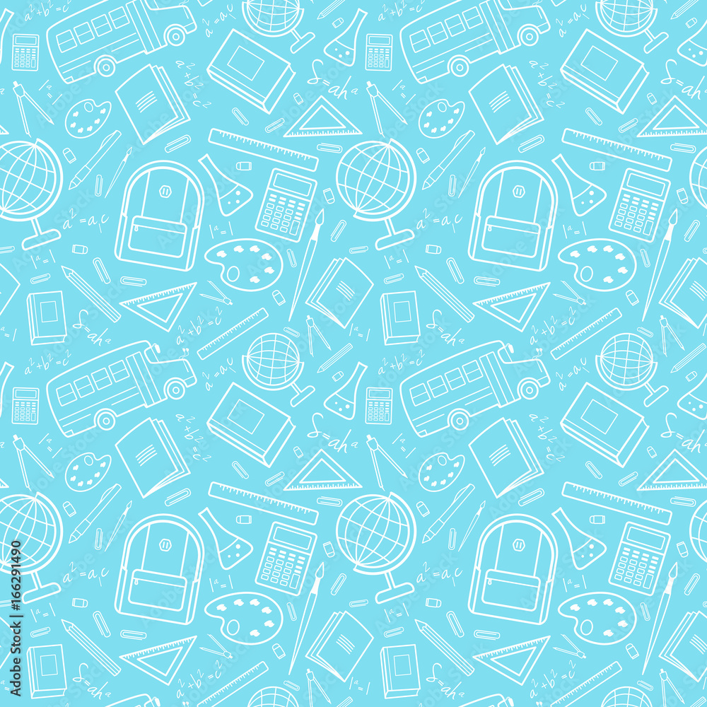Vector seamless simple pattern with school items (backpack, pencil ...
