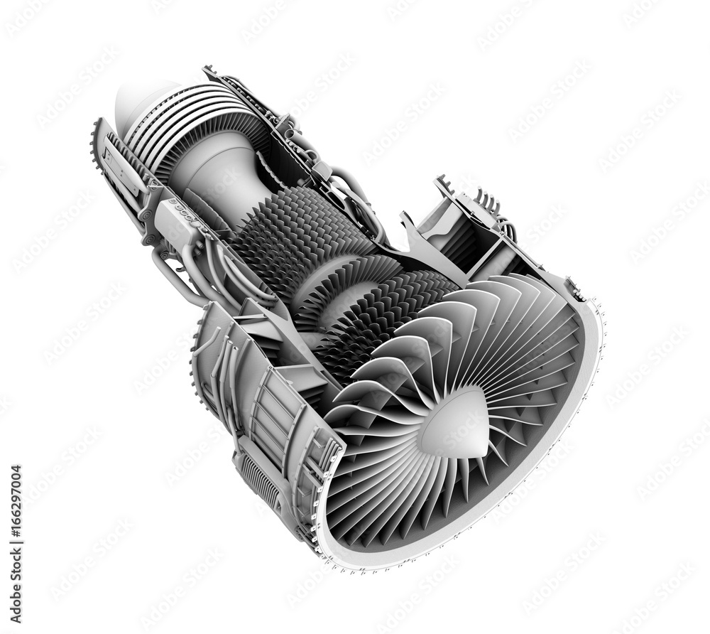 3D clay cutaway render of turbofan jet engine isolated on white ...
