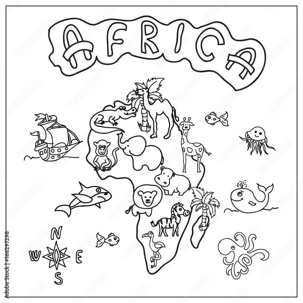 Africa continent kids map coloring page Stock Illustration | Adobe Stock