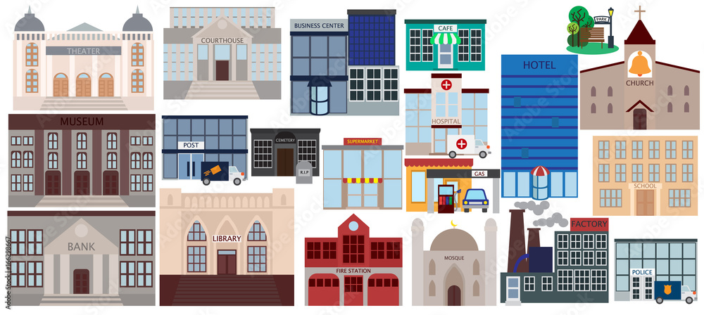 Various public buildings elements collection, flat icons set, Colorful ...