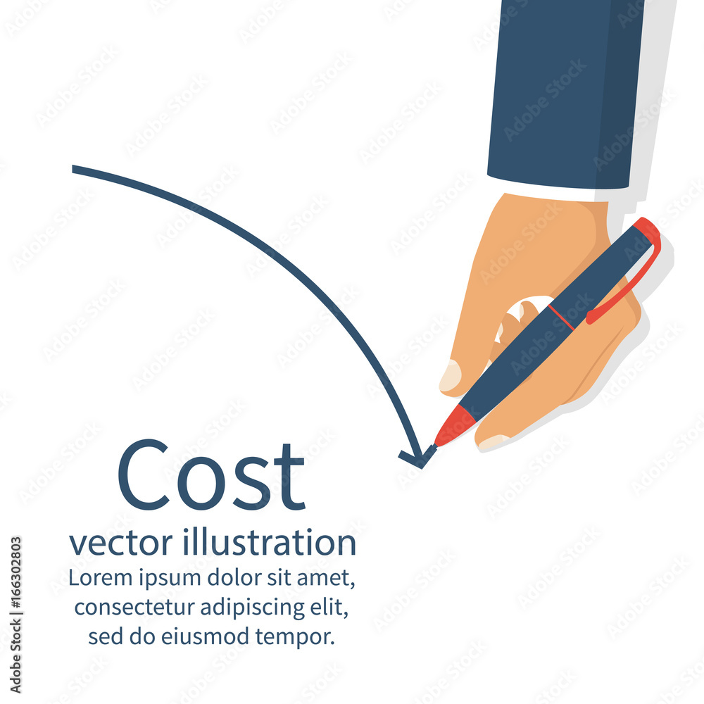 Cost reduction concept. Cost down. Businessman is holding a pen in hand ...