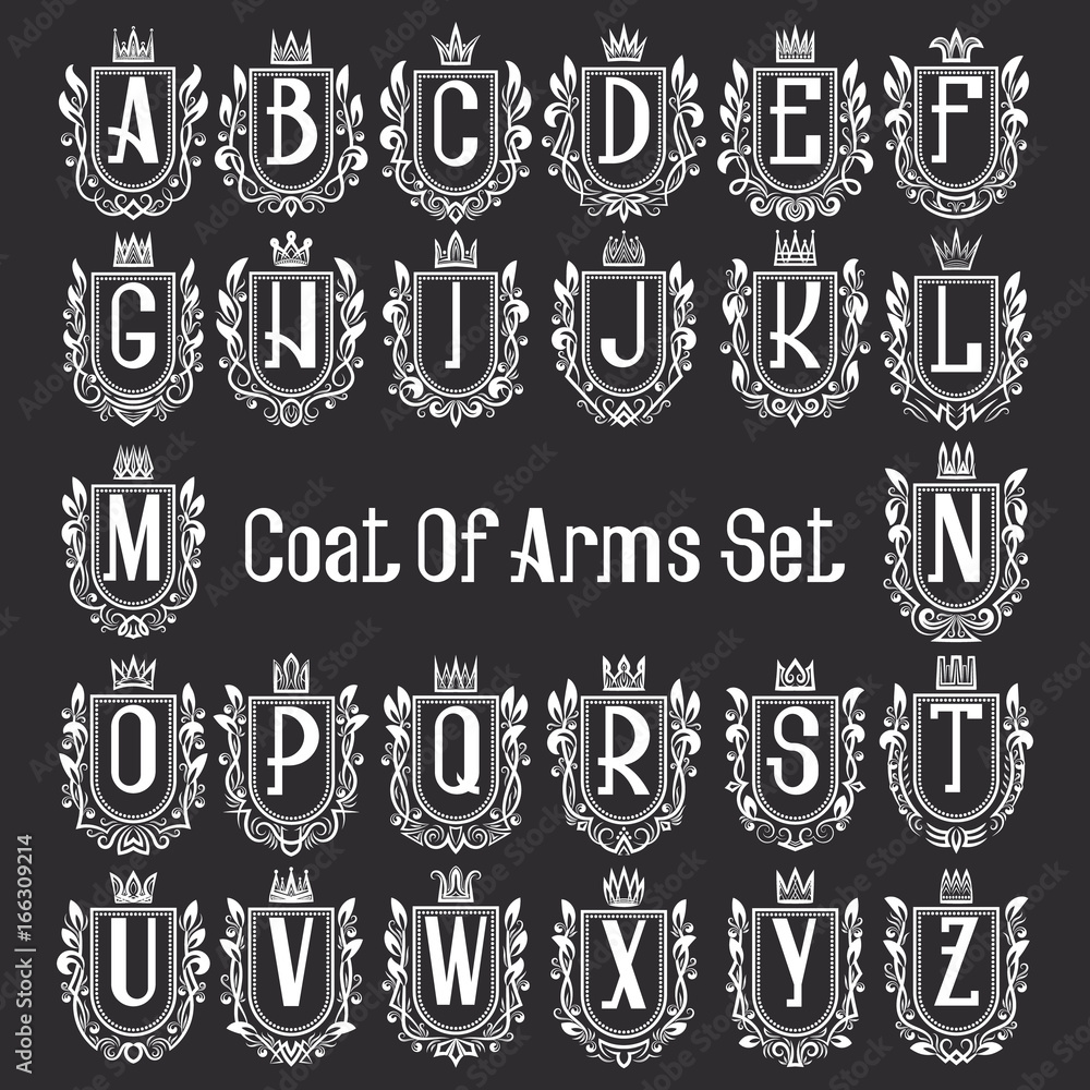 Set of royal coat of arms in medieval style. White vintage logos of ...