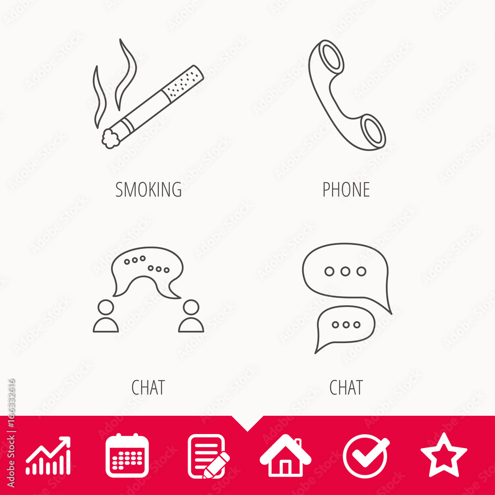Smoking, chat and phone call icons. Chat speech bubble linear sign ...