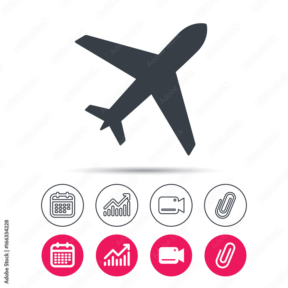 Plane icon. Flight transport symbol. Statistics chart, calendar and ...