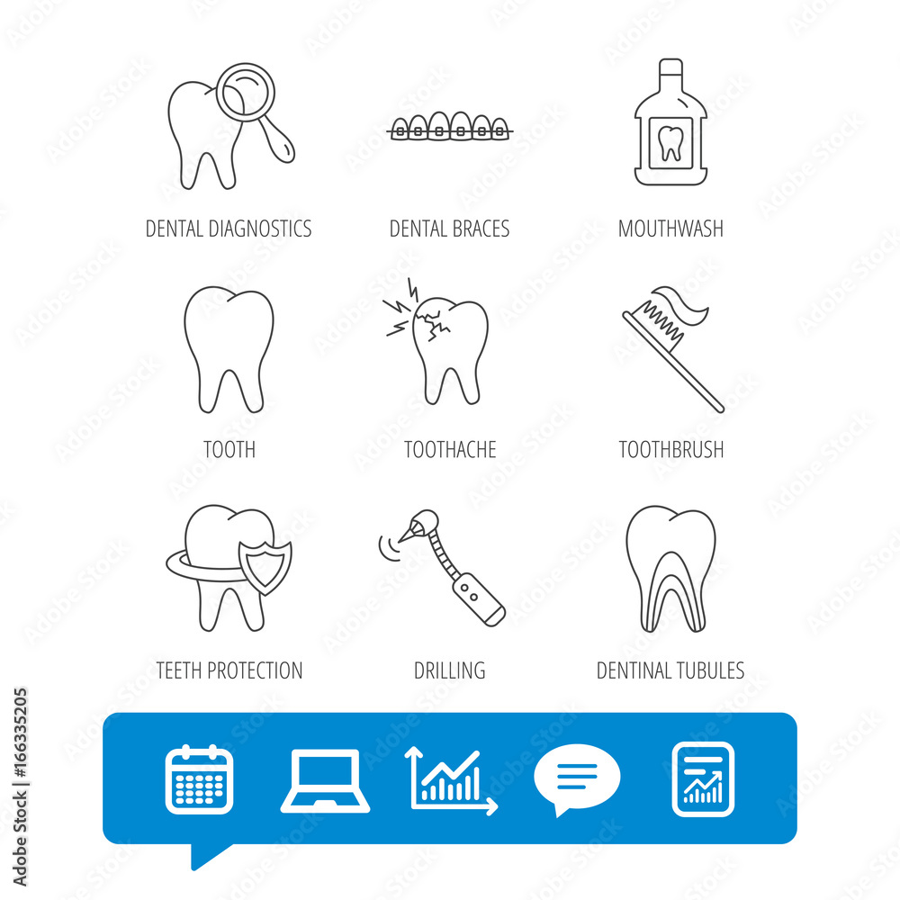 Tooth, dental braces and mouthwash icons. Diagnostics, toothbrush and ...
