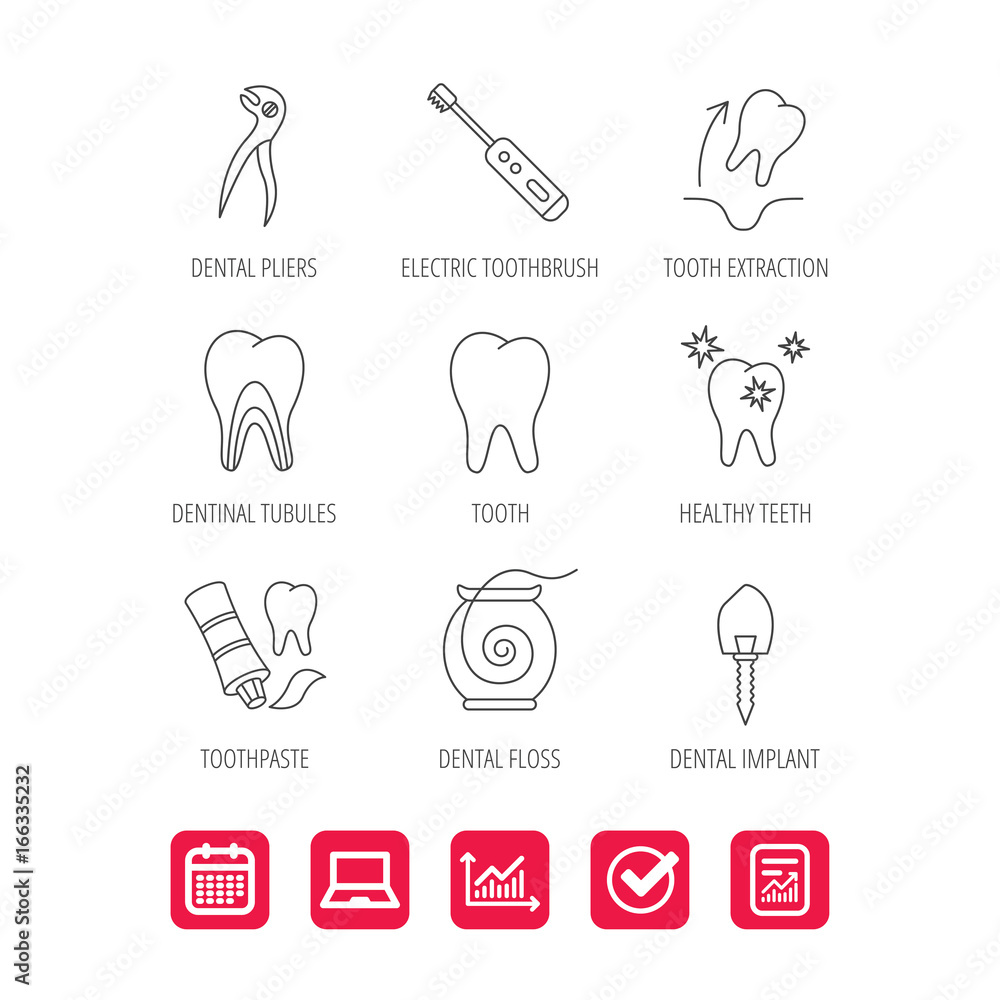 Tooth extraction, electric toothbrush icons. Dental implant, floss and ...