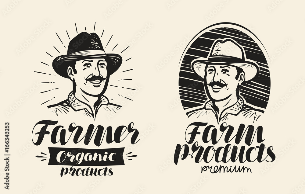 Portrait of happy farmer in hat, logo or label. Handwritten lettering ...