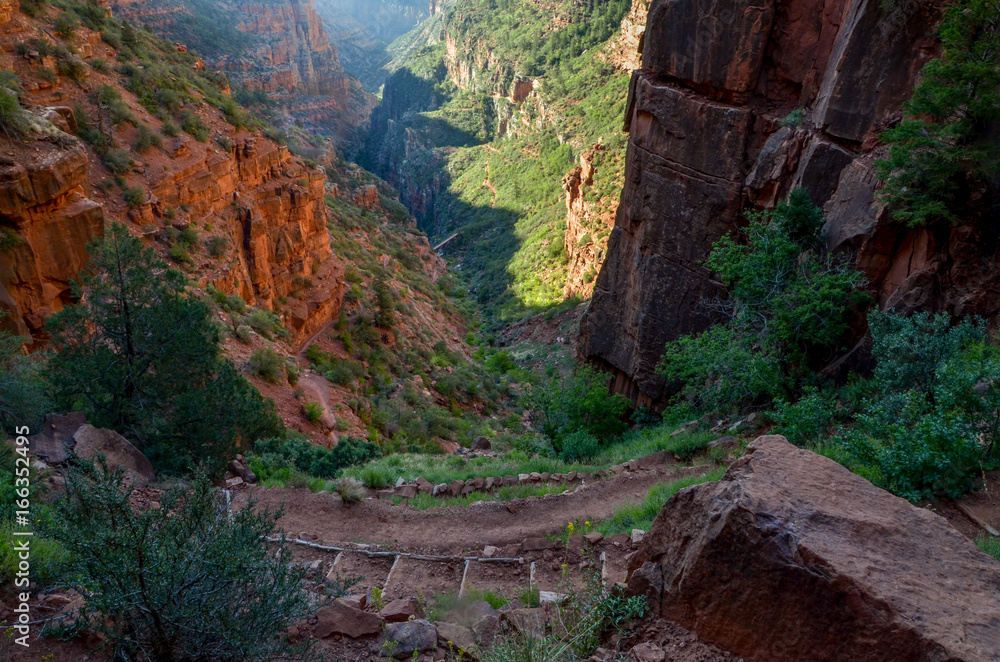 North Kaibab trail and Redwall bridge in Roaring Springs Canyon from ...