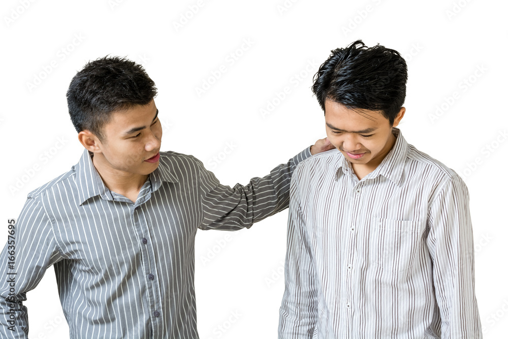 Portrait of asian business man consolation with his friend. isolated on ...