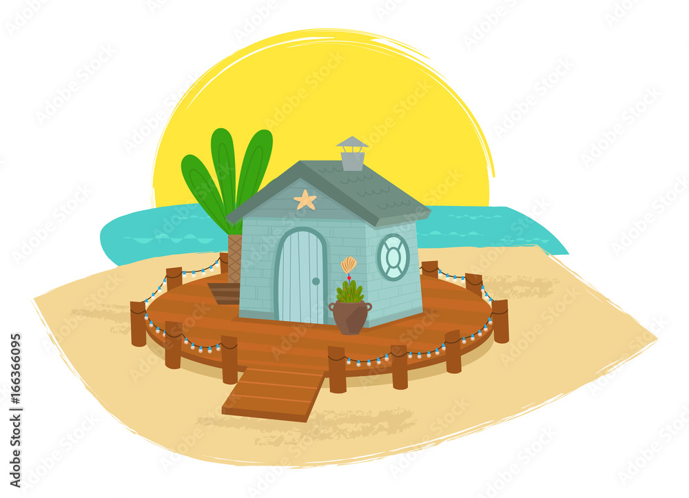 Small Beach house - Cute cartoon house with a deck and lights on a ...