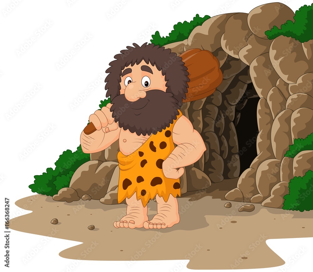 Cartoon caveman holding club with cave background Stock Vector | Adobe ...