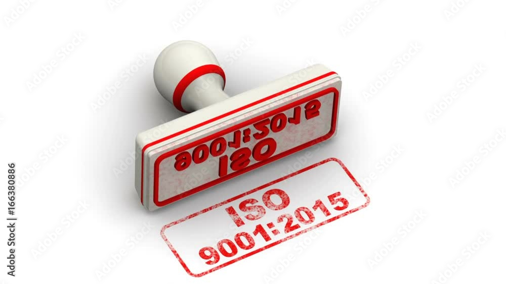 Stamp leaves red imprint ISO 9001:2015 on white surface. Footage video ...