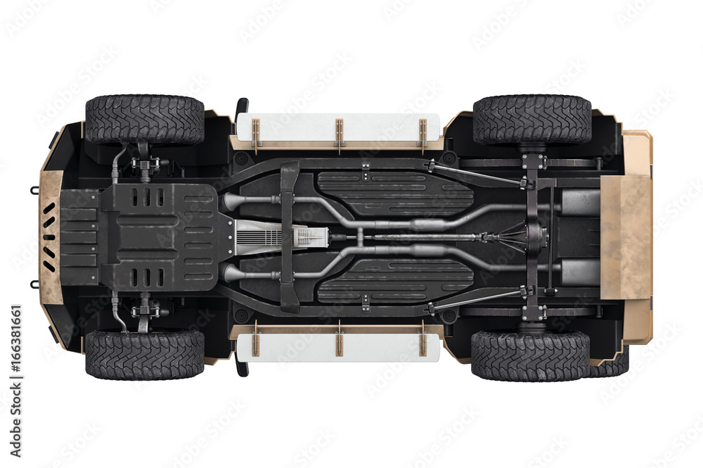Suv car suspension transport 4wd, bottom view. 3D rendering Stock ...