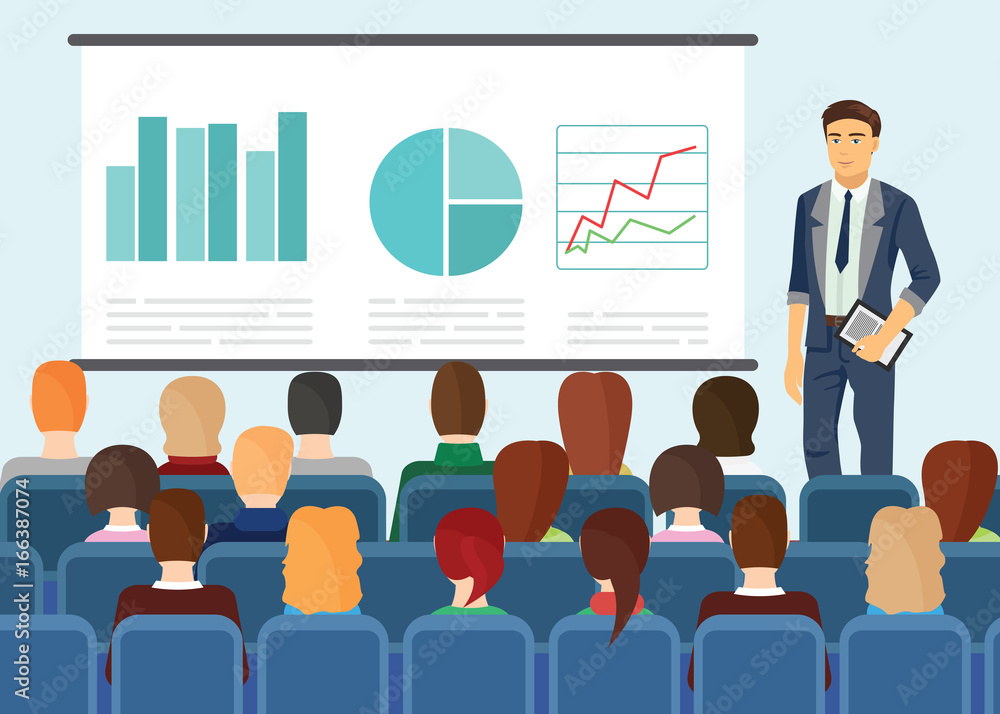 Businessman showing something to people. Vector illustration of man in ...